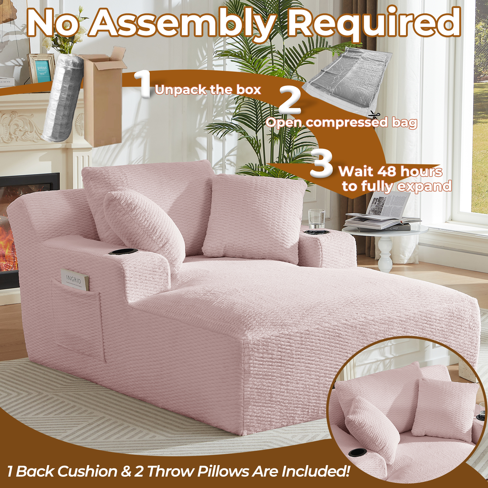 Avenix 66" Boneless Oversized Chaise Lounge Chair, Faux Fur Cloud Plush Sofa Bed with Deep Seat ...